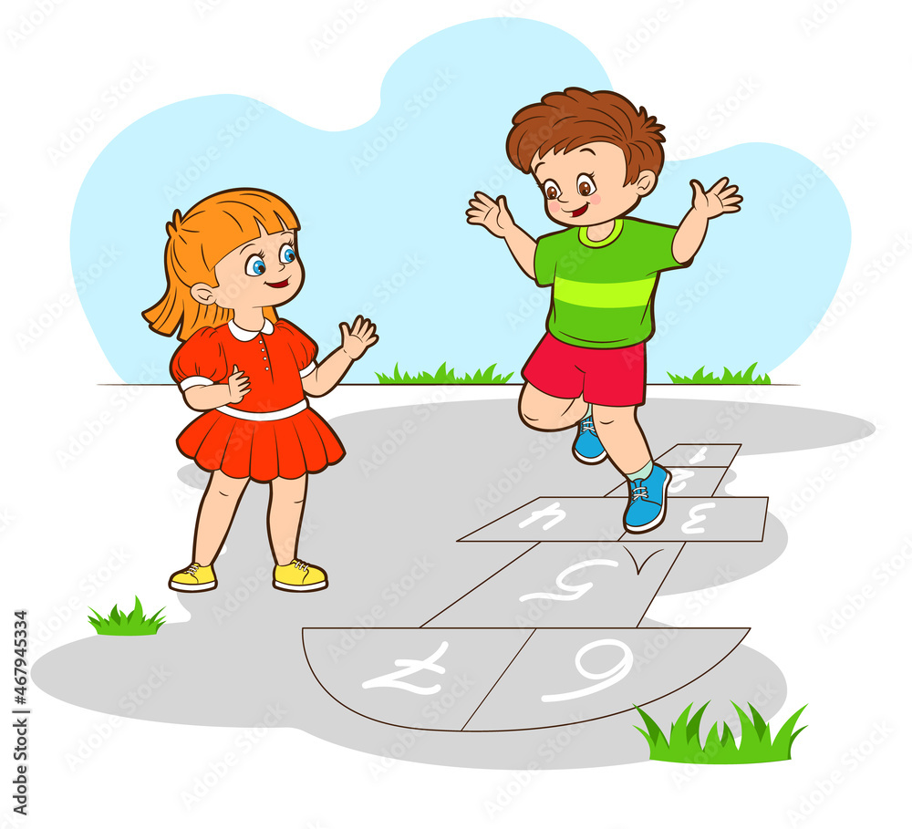 Little boy and girl jumping up Playing hopscotch. Vector illustration ...