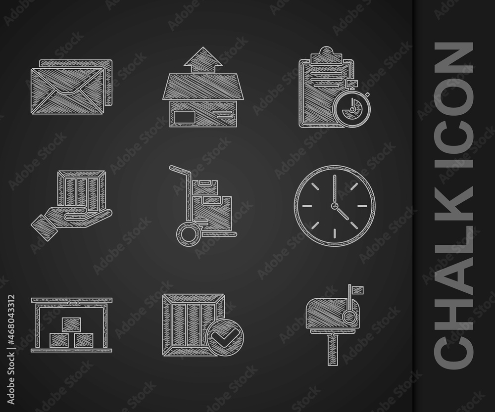 Set Hand truck and boxes, Wooden with check mark, Mail, Clock, Warehouse, Delivery hand ...