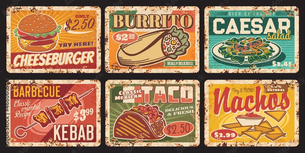 Fast food metal plates rusty, burgers and sandwiches menu vector retro ...