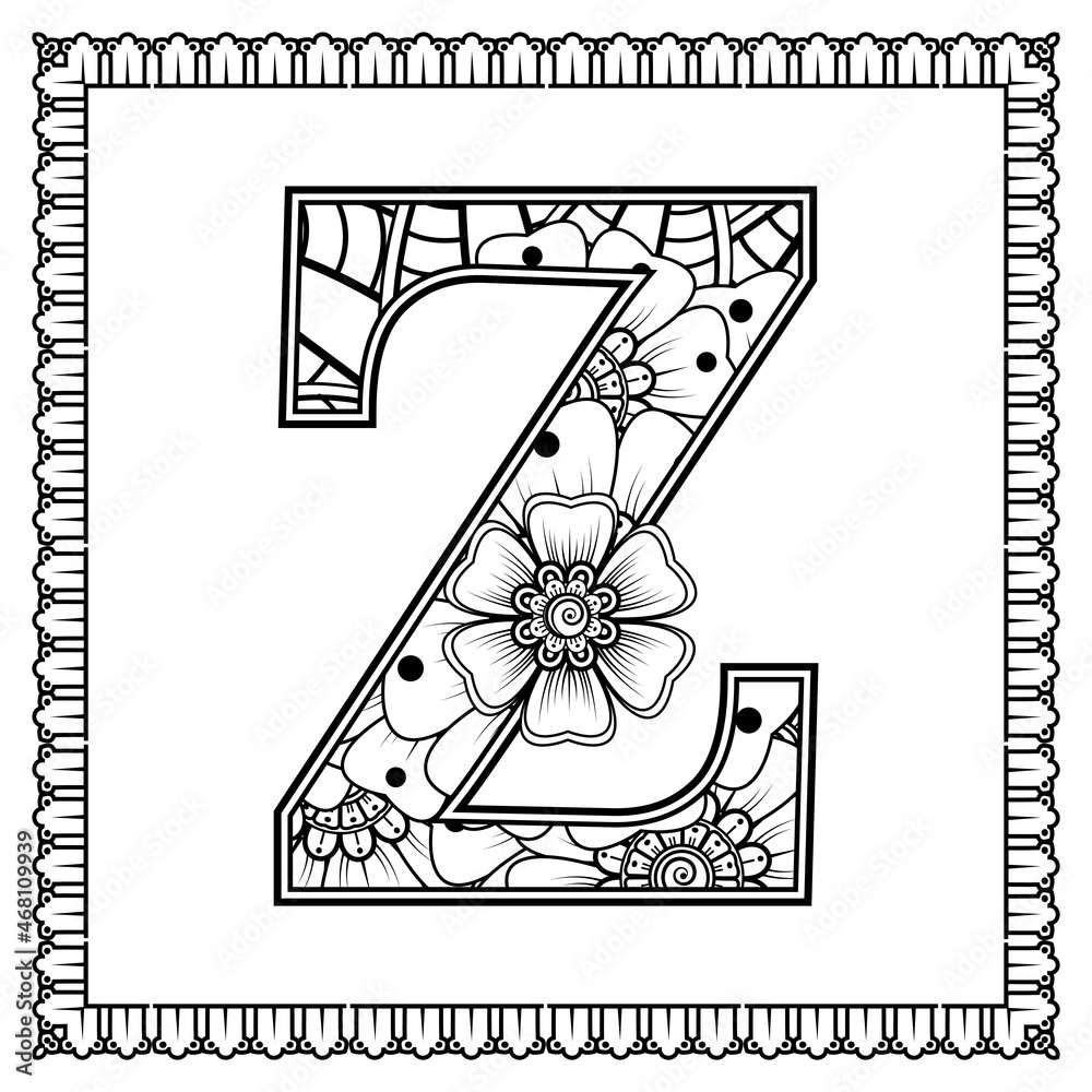 Letter Z made of flowers in mehndi style. coloring book page. outline ...