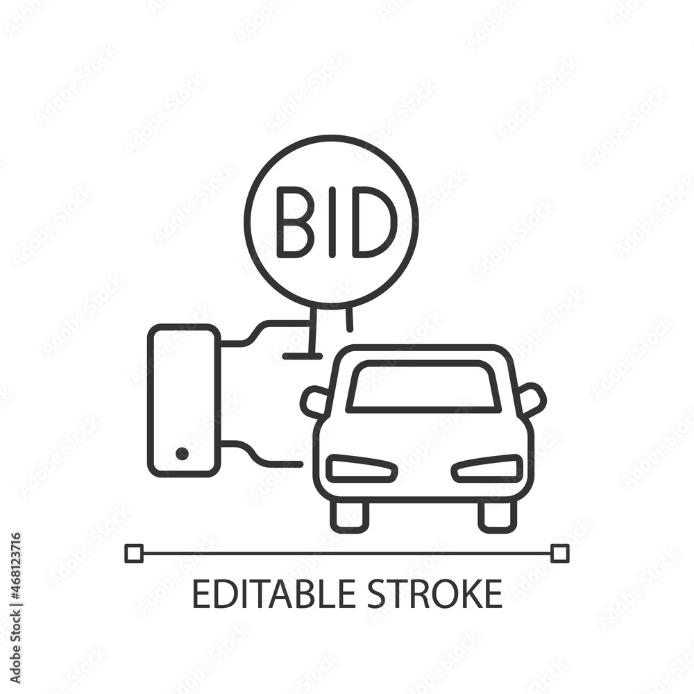 Vehicle auction linear icon. Bidding paddle. Automobile selling. Auto ...