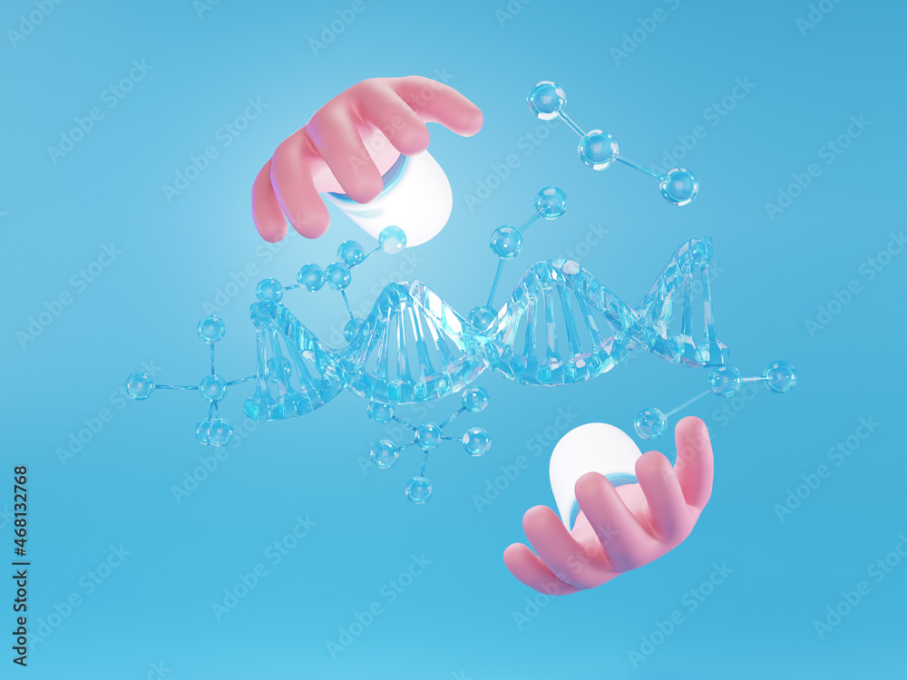 hand holding DNA spiral structure. Medical science, genetic ...