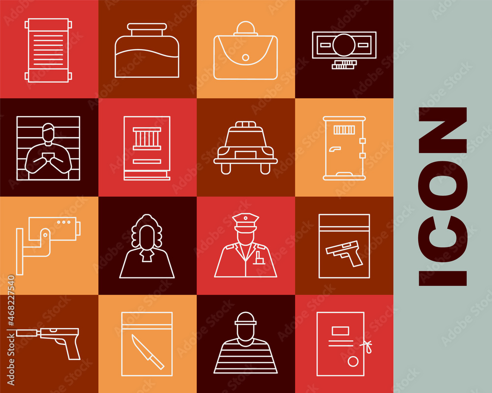 Set line Lawsuit paper, Evidence bag and pistol or gun, Prison cell ...