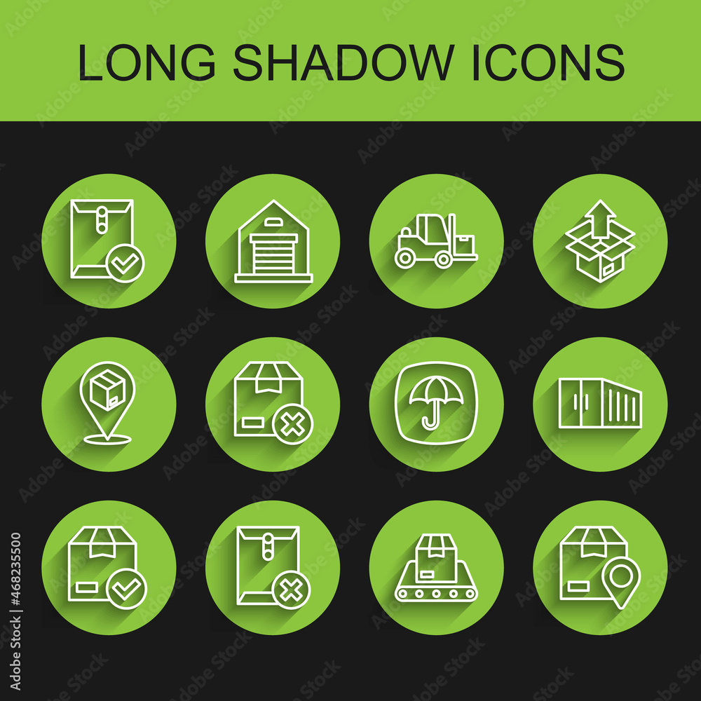 Set line ackage box with check mark, Delete envelope, Envelope and, Conveyor belt, Location ...