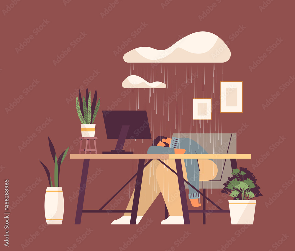tired depressed businessman sleeping at workplace under rain cloud guy ...
