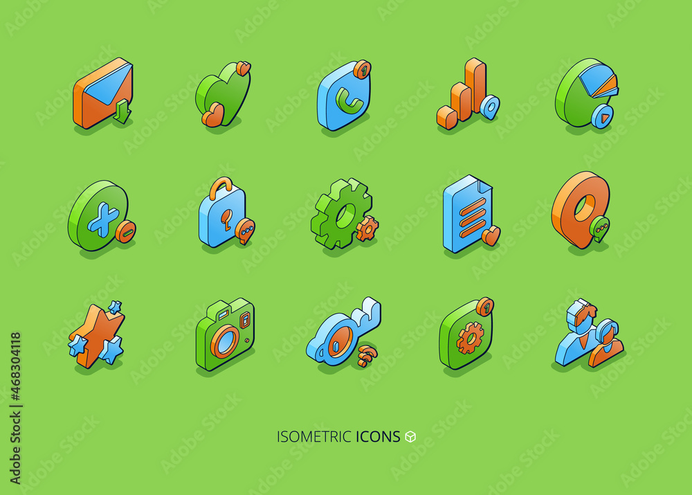 Set of social media isometric icons, smm and business 3d symbols map ...