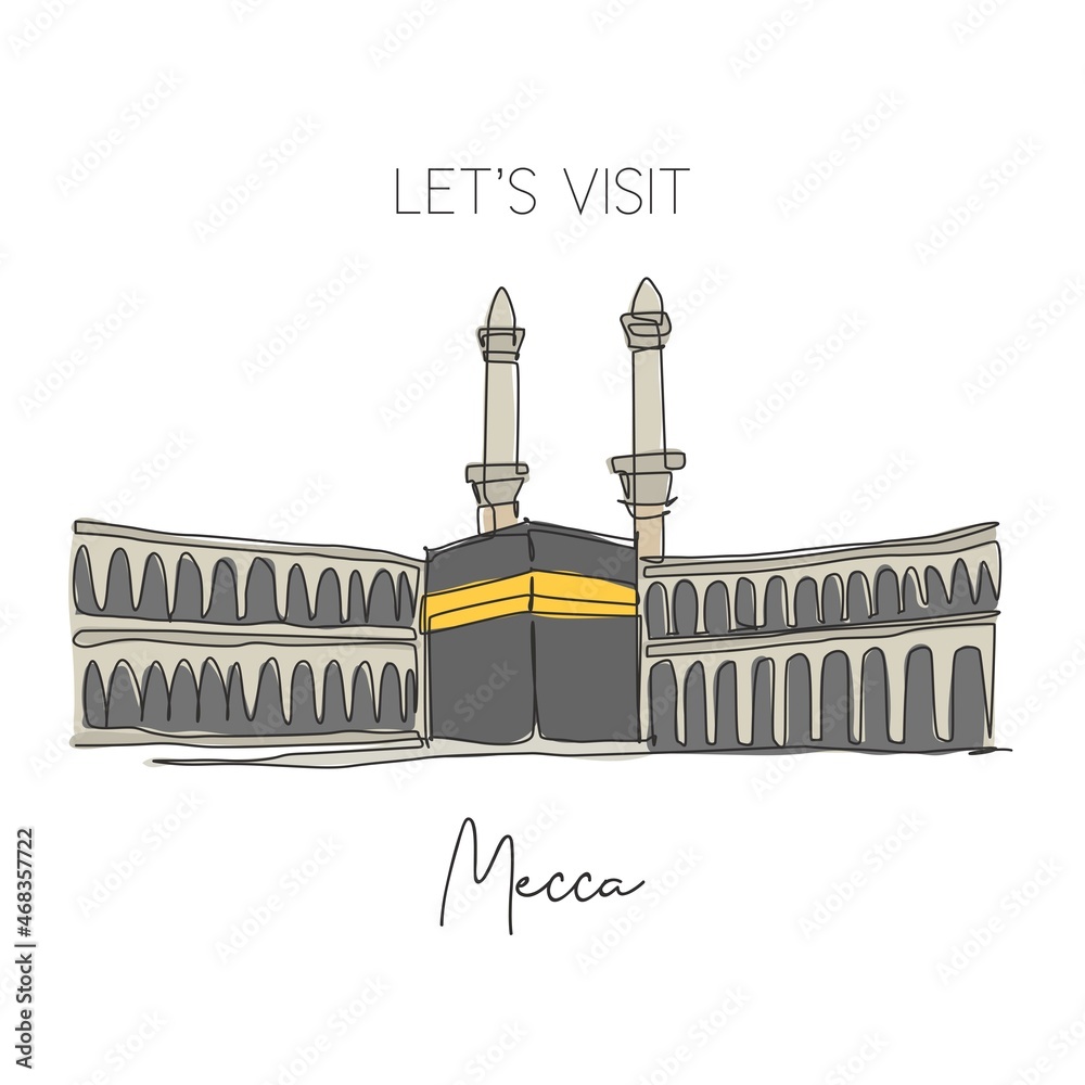 Single continuous line drawing Masjidil Haram landmark. Most holy place ...