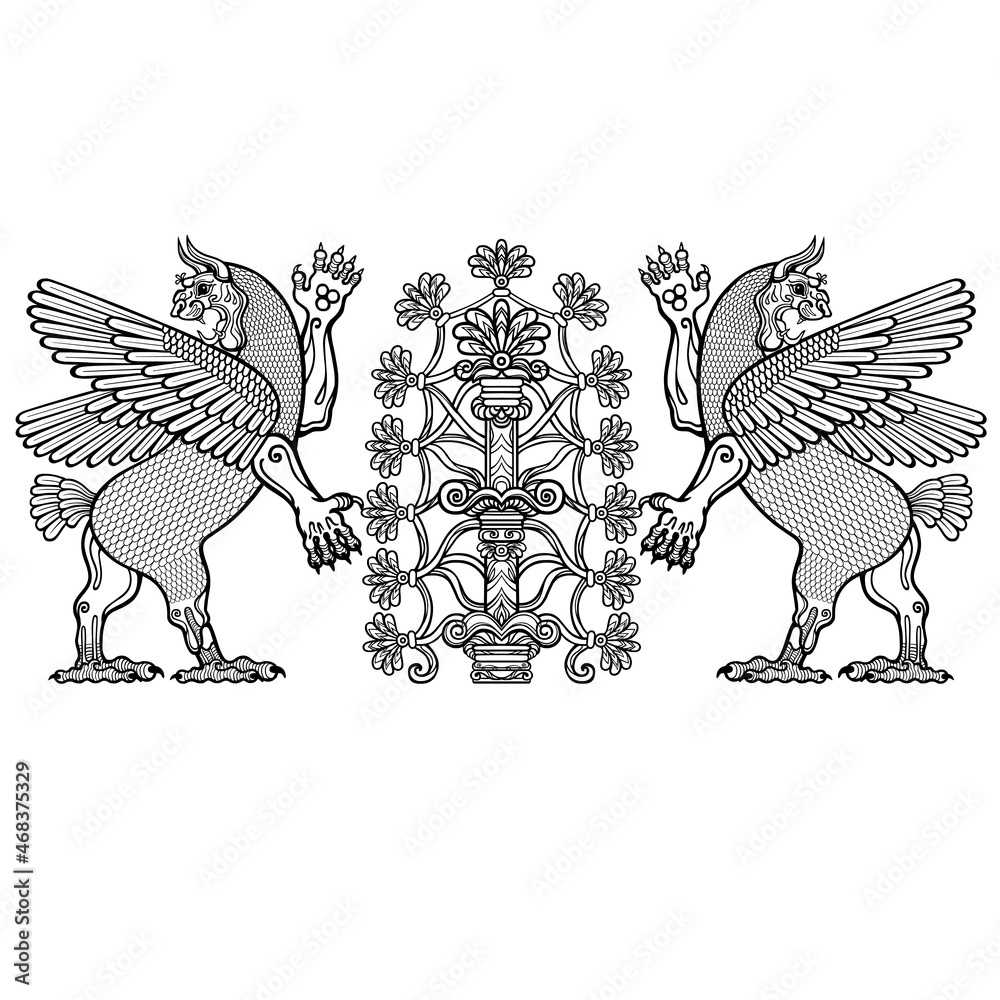 Cartoon drawing: winged dragon lion stands at the fertility tree, a ...