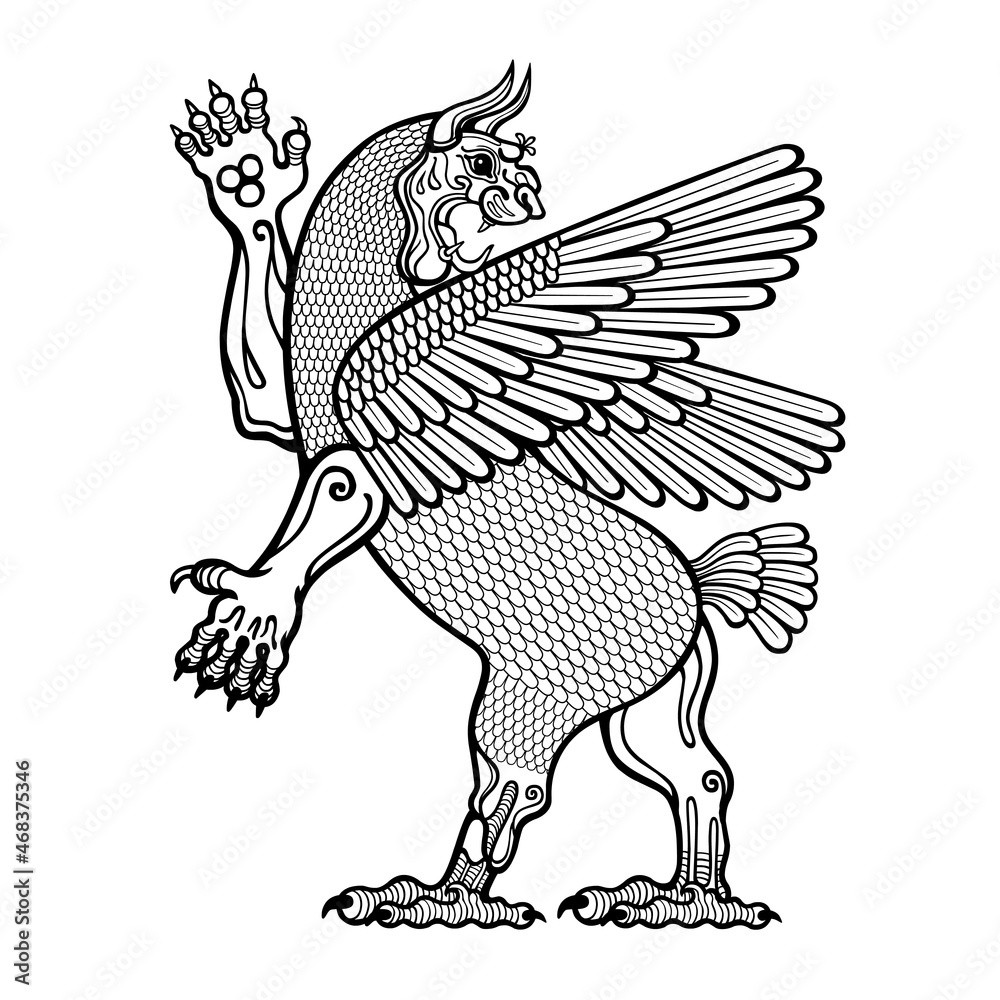 Cartoon drawing: winged dragon lion, a character in Assyrian mythology ...