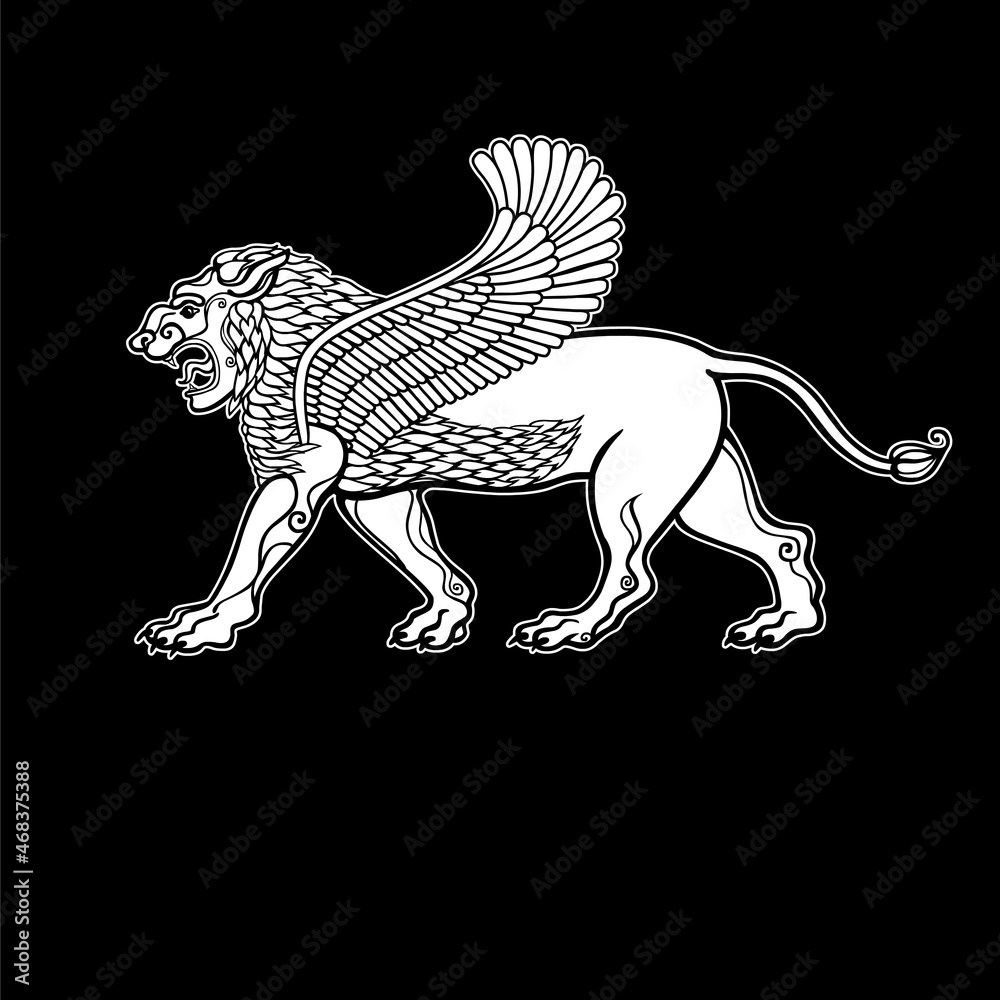 Cartoon drawing: growling lion, a character in Assyrian mythology ...