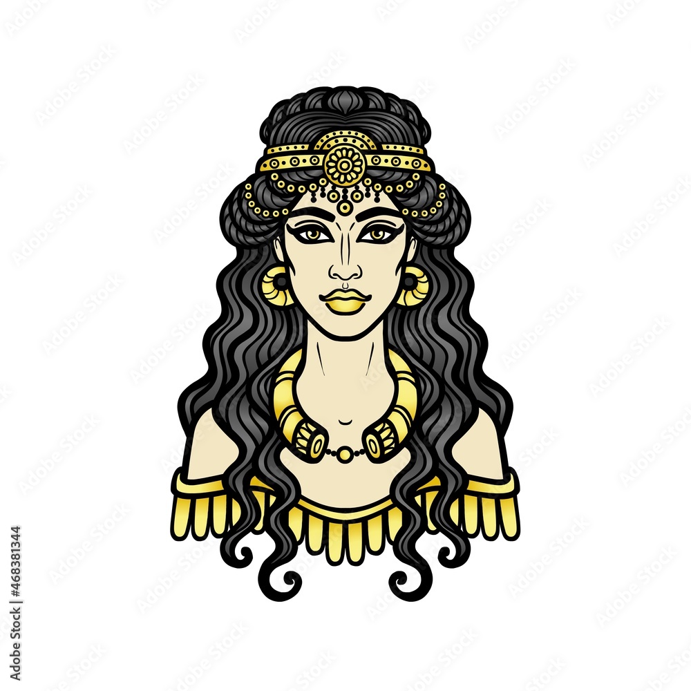 Cartoon drawing: a beautiful woman with an ancient hairstyle, a ...