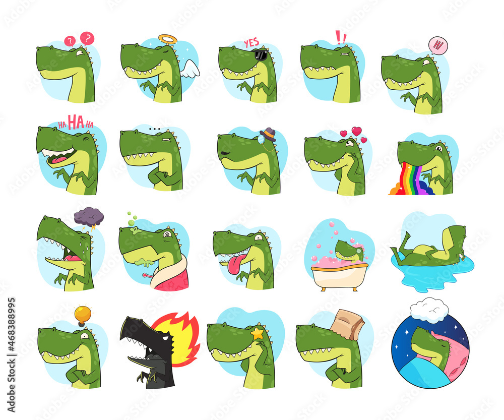 Adorable dinosaur cartoon character sticker set. Childish emoticons ...