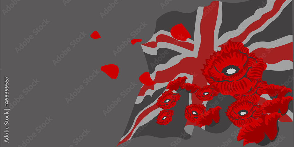 Remembrance Sunday with poppy flower, flags and a copy space area ...