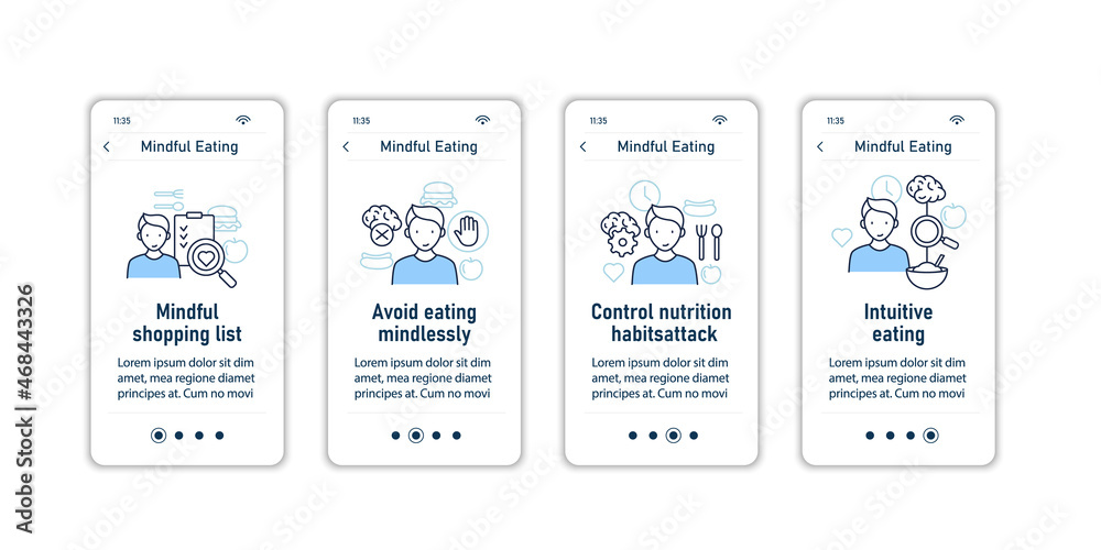 Mindful eating onboarding mobile app screens. Conscious, intuitive ...