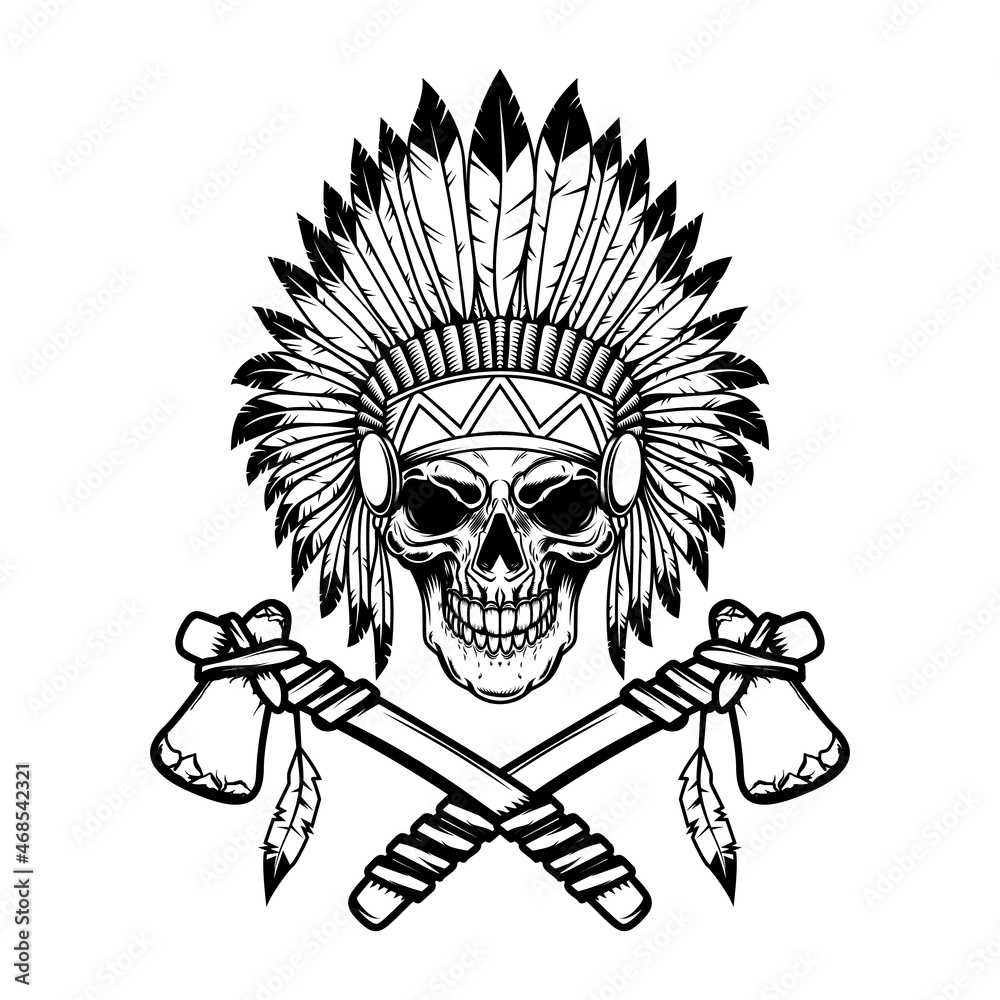 Native american skull in traditional headdress and crossed tomahawks ...