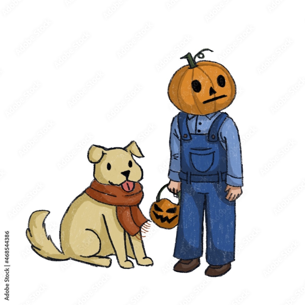 A little pumpkin boy with his best friend dog. Small and cute cartoon ...