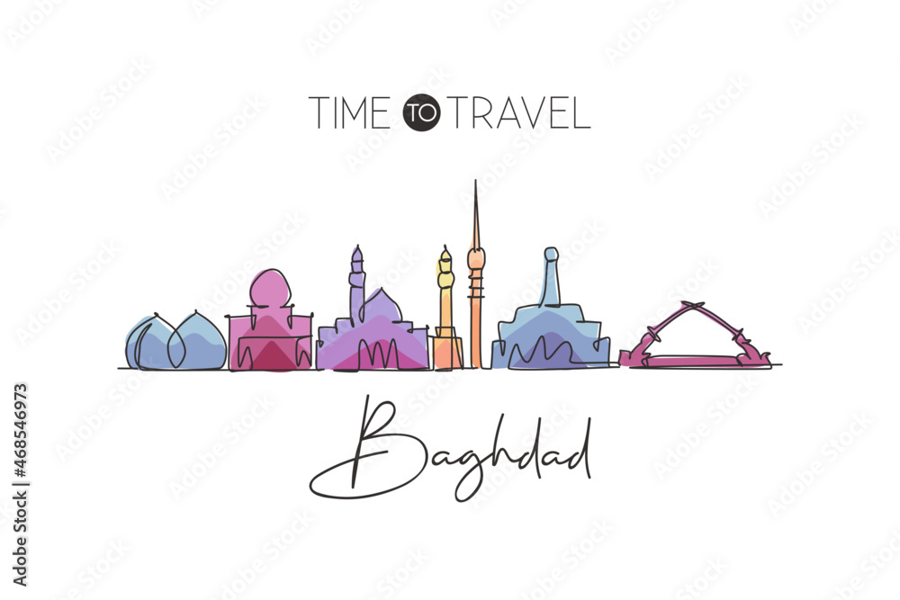 Vektor One continuous line drawing of Baghdad city skyline, Iraq ...
