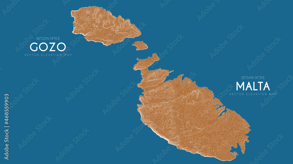 Topographic map of Malta and Gozo, Italy. Vector detailed elevation map of island. Geographic ...
