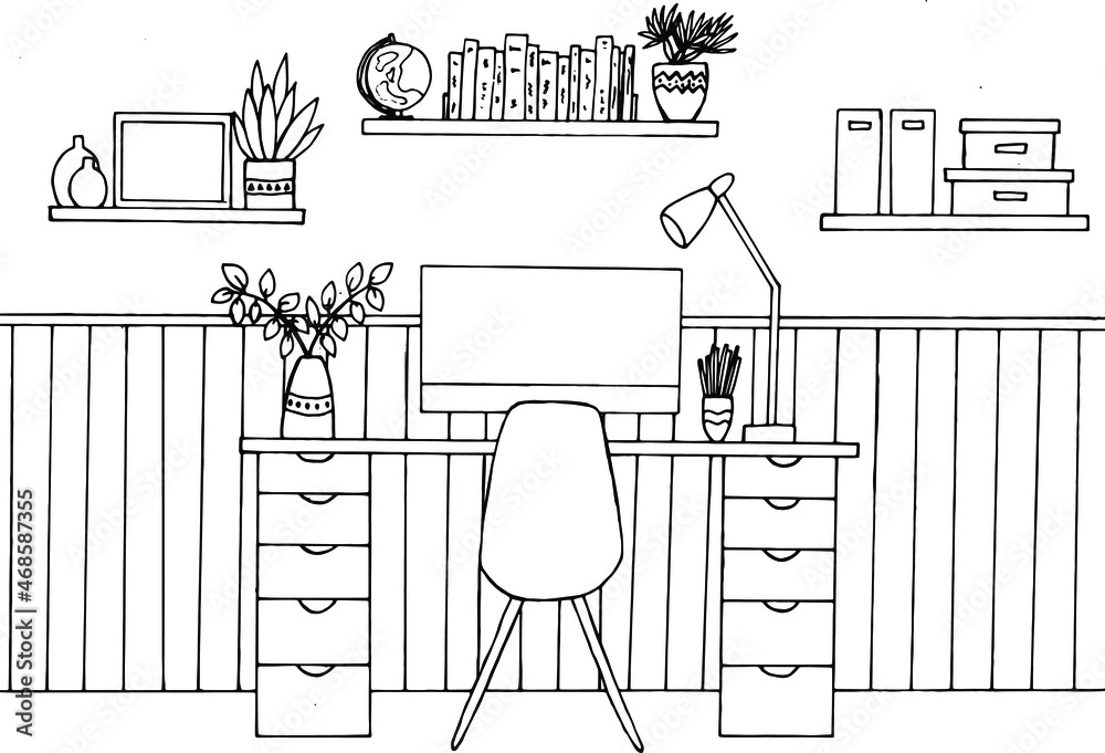 Hand drawn working room coloring book page. Vector stock illustration ...