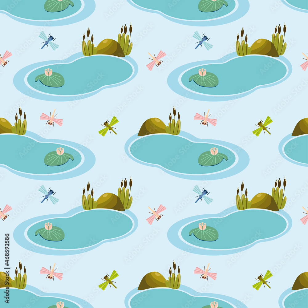 Seamless pattern with pond and dragonflies. Vector childrens pattern ...