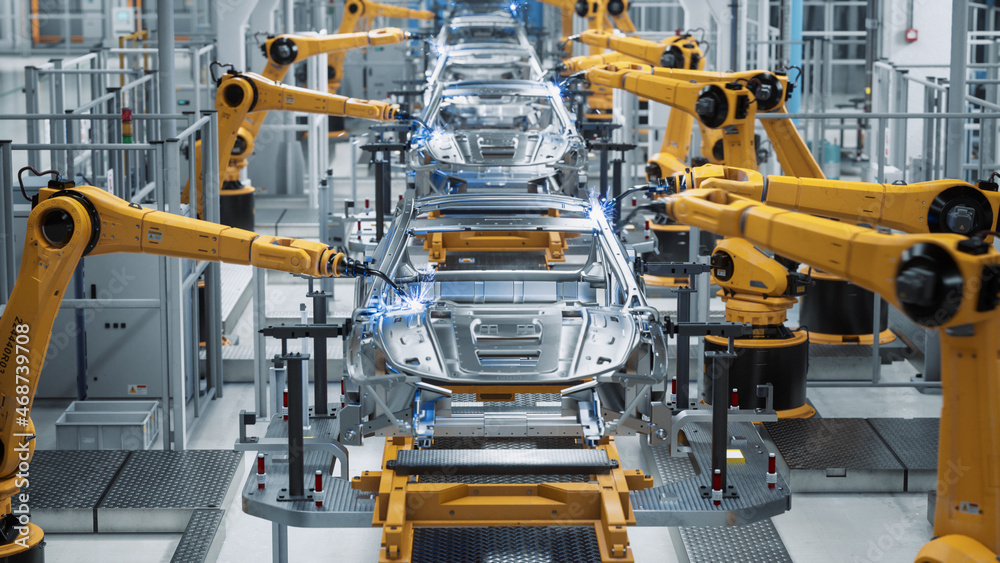 Car Factory 3D Concept: Automated Robot Arm Assembly Line Manufacturing ...