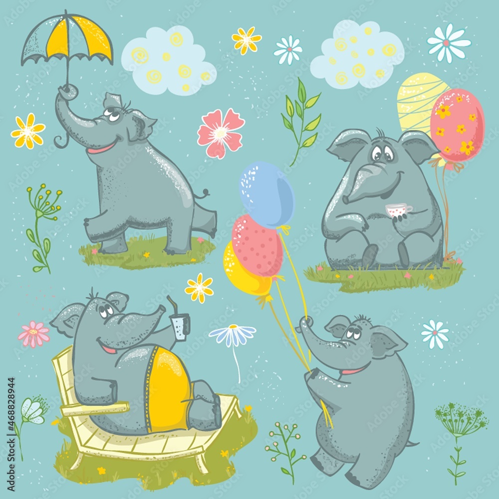 Cute cartoon baby elephants. Animals african safari animals vector set ...