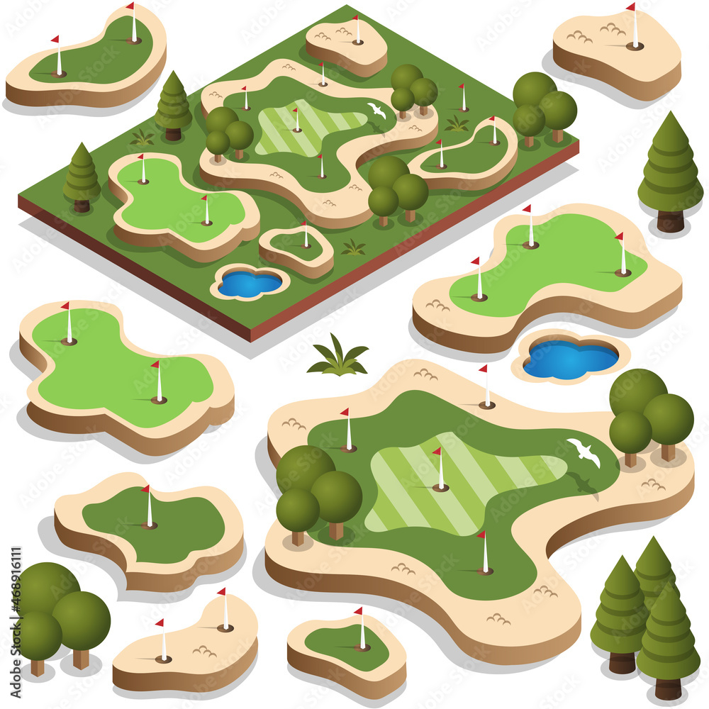 Vektor Set of elements for a golf course. Isometric. Vector ...