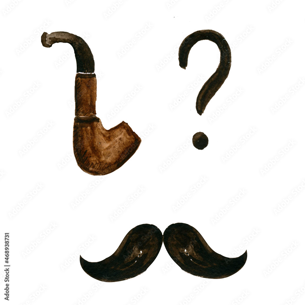 watercolor set smoking pipe mustache camouflage and question mark Stock ...