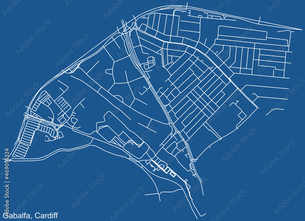 Detailed navigation urban street roads map on blue technical drawing ...