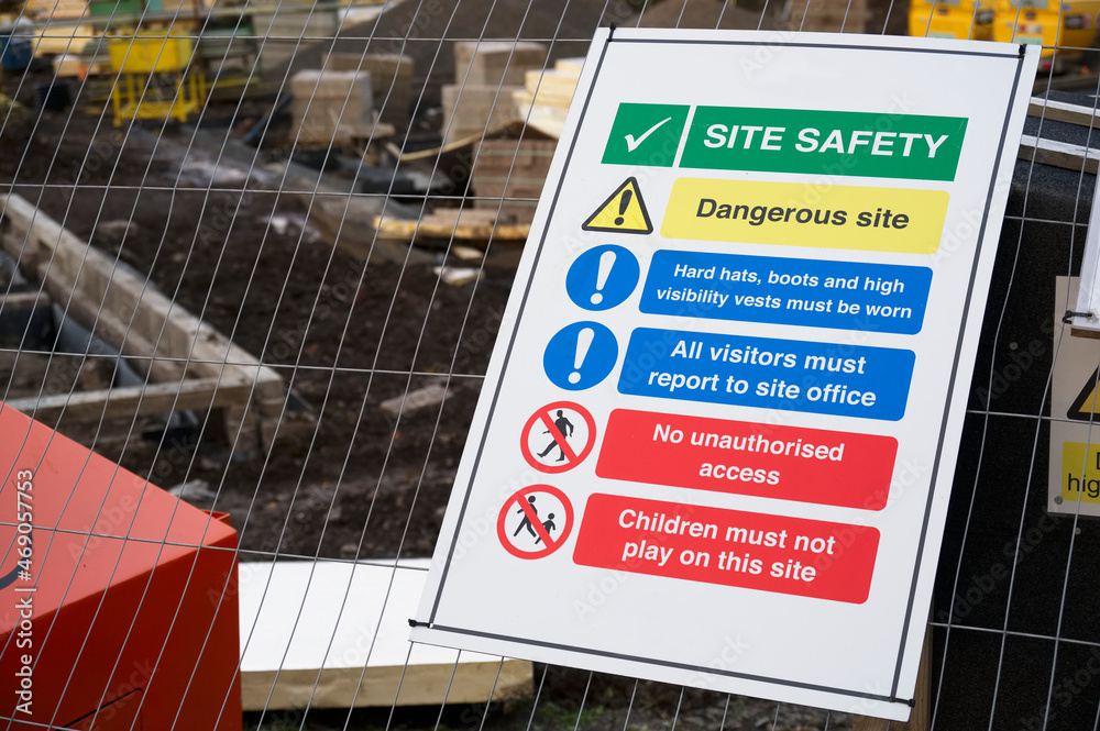 Construction site health and safety message rules sign board signage on ...