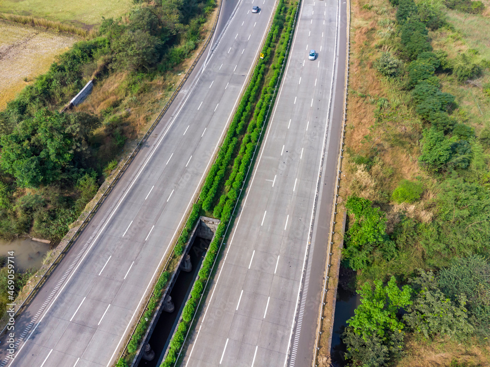 Aerial footage of the Mumbai-Pune Expressway near Pune India. The ...