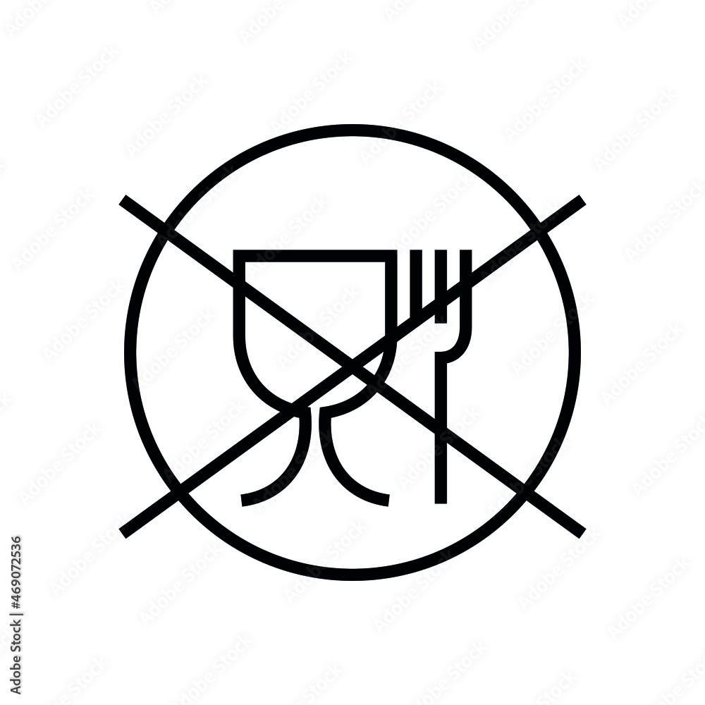 Icons, glass and fork, crossed out circle. Pictogram indicating that ...