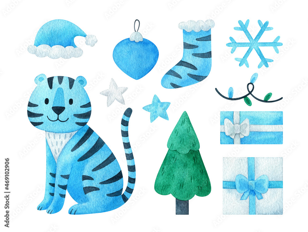 Christmas set of clipart 2022 with a blue tiger. Drawings for the ...