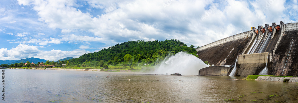 Panorama of Khun Dan Prakan Chon Dam is made of large concrete. It is ...