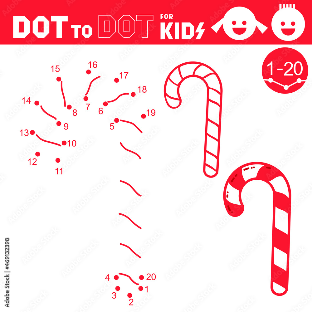 Dot to dot game. Candy stick. Christmas. Connect the numbers then color ...