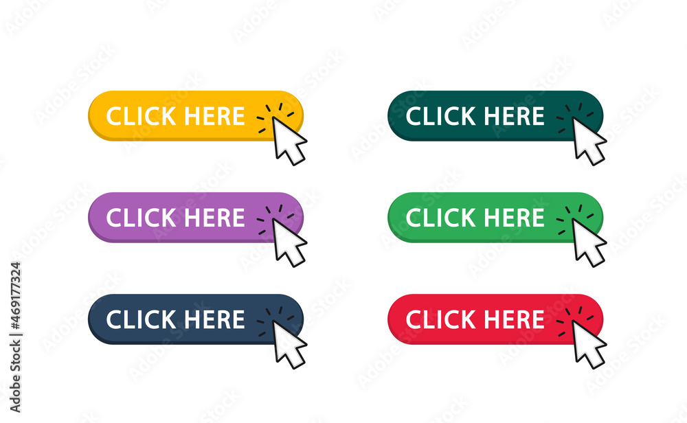 Click here button with arrow pointer clicking icon. Click here vector web button. Web button ...