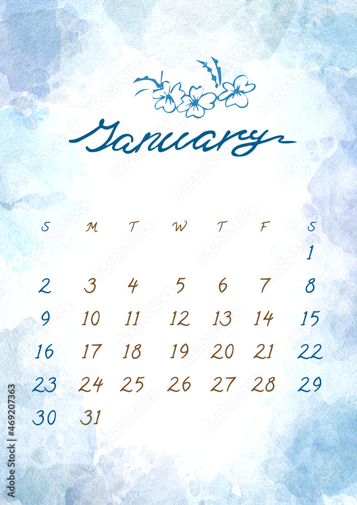 January Winter month Calendar template for 2022 year. Watercolor blue ...