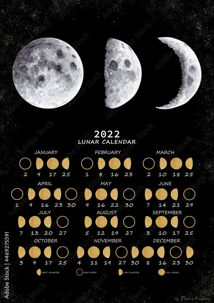 Lunar calendar 2022. Moon phases calendar for 2022 with beautiful ...