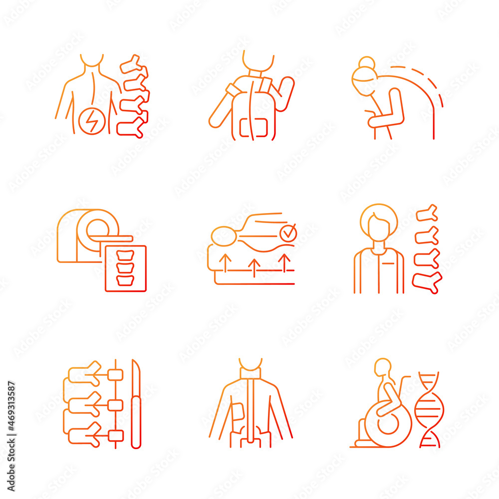 Scoliosis causes gradient linear vector icons set. Spine disorder ...