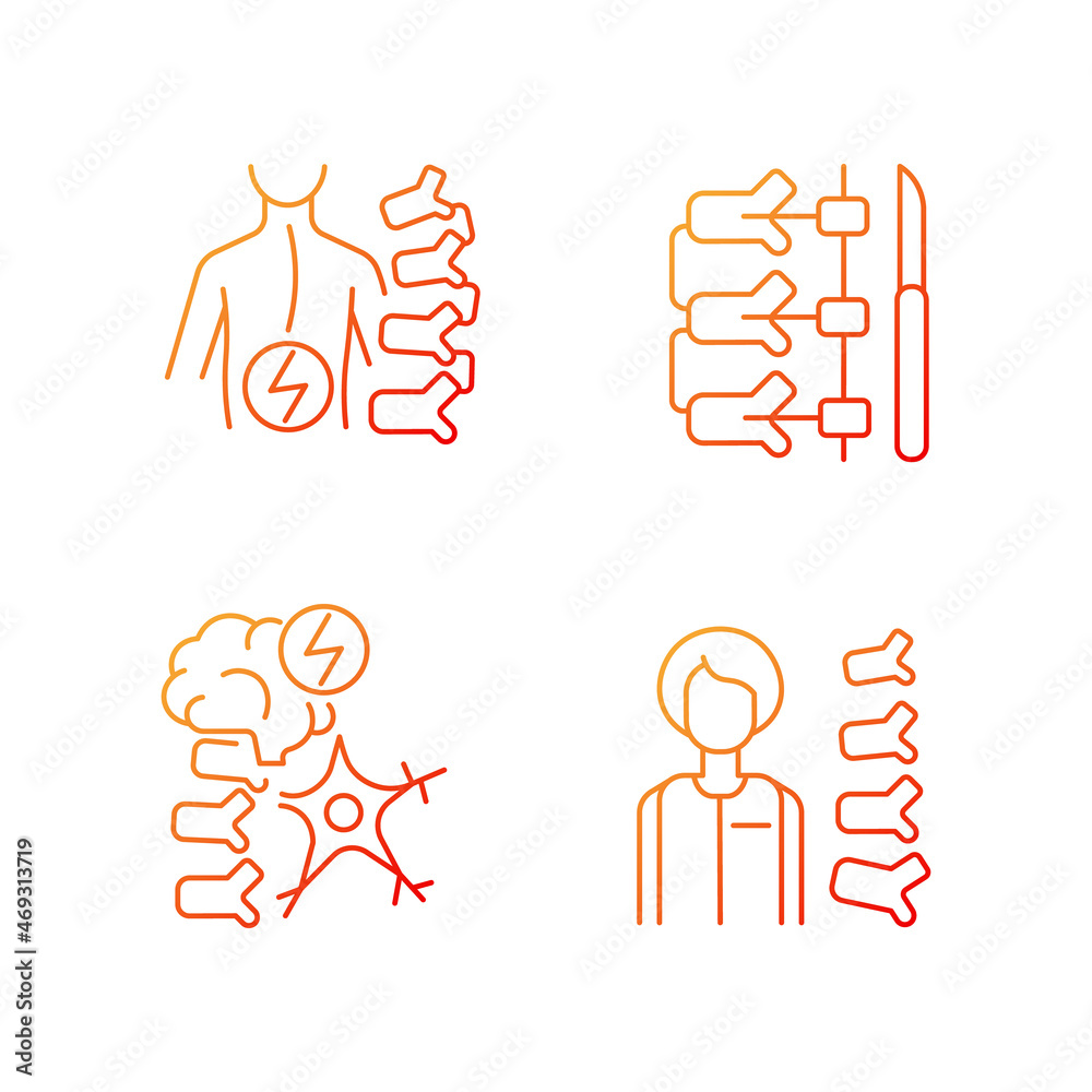 Spinal column disorders gradient linear vector icons set. Scoliosis ...