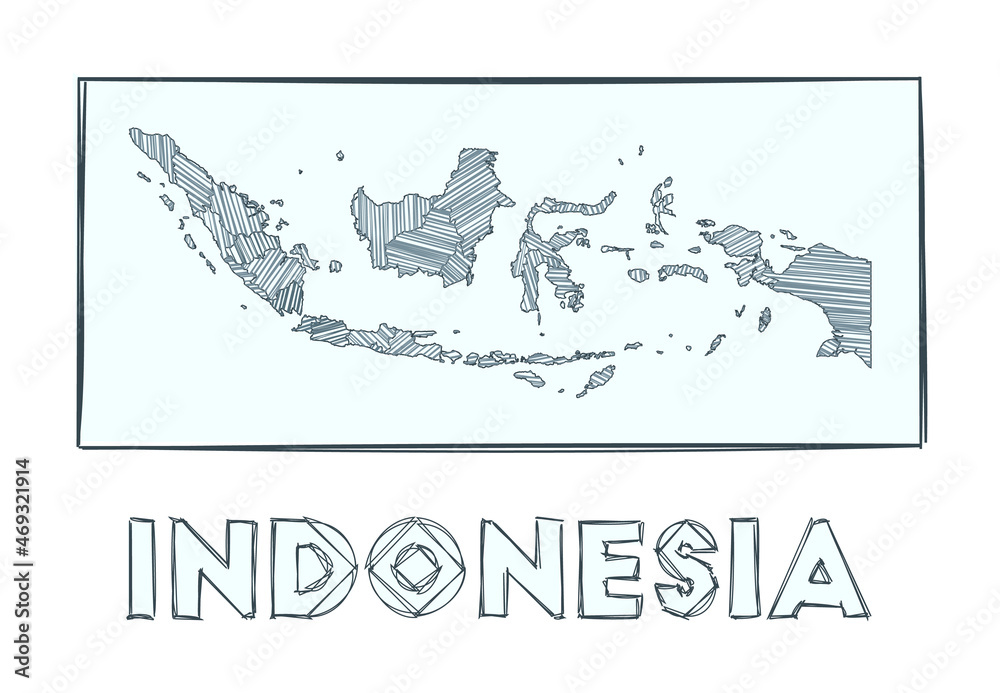 Grayscale hand drawn map of Indonesia. Filled regions with hachure ...