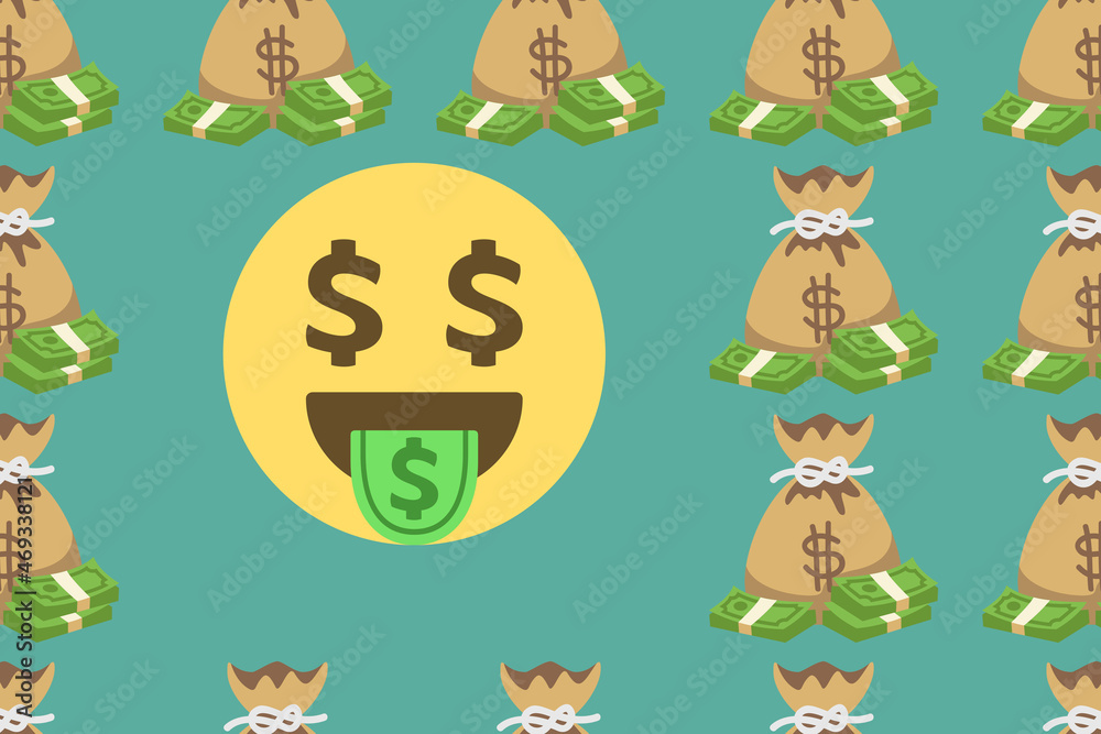 money face emoji amid dollars bags on light blue background copy space ...
