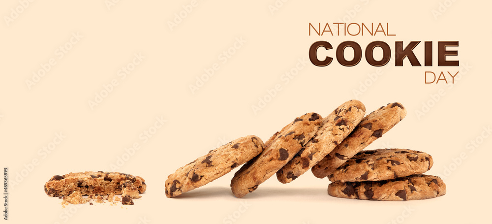 Cookie Day banner with a lot of delicious chocolate chip cookies on a creamy color background ...
