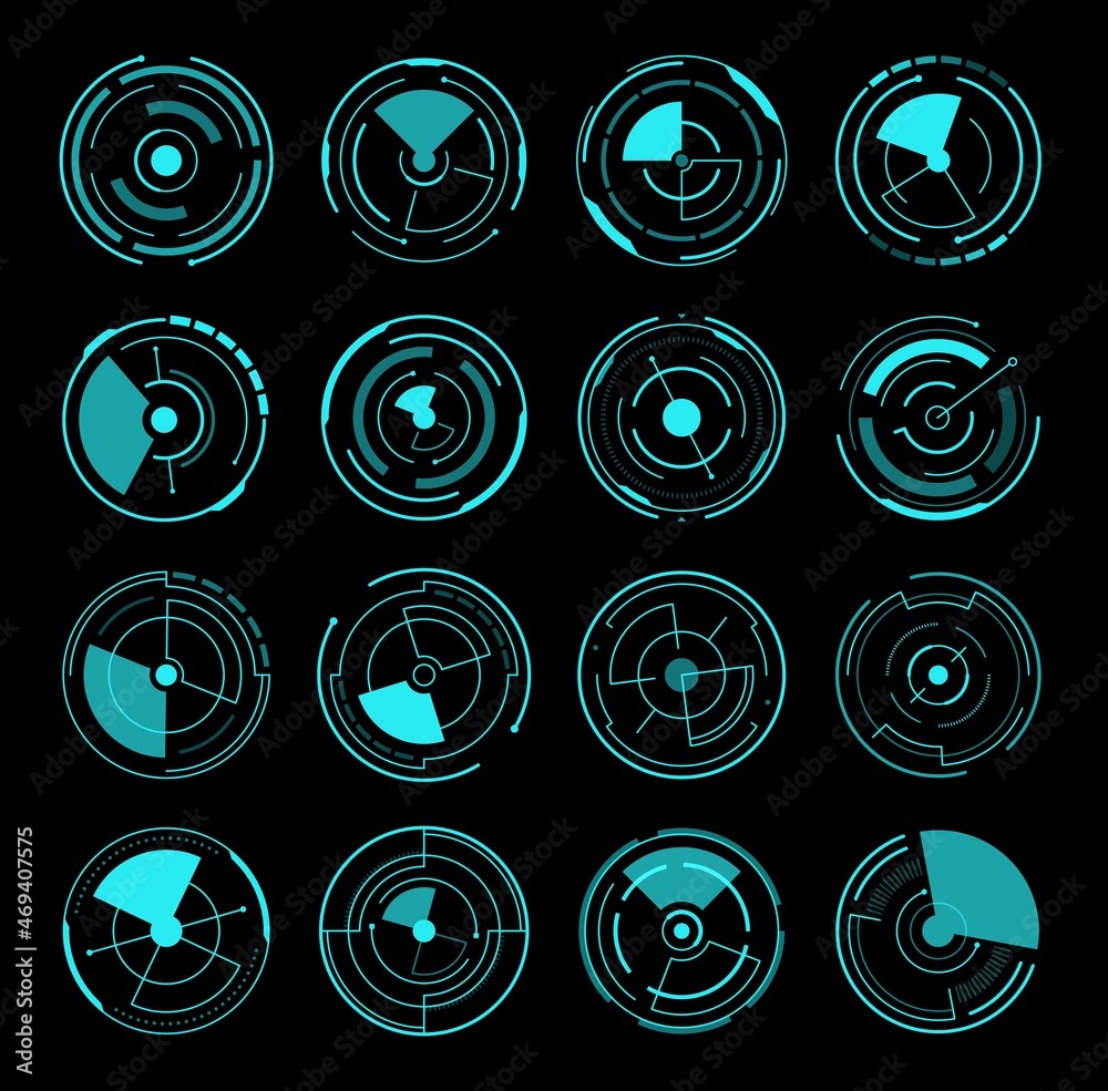 Stock-Vektorgrafik „HUD interface round radars, futuristic circles game ...