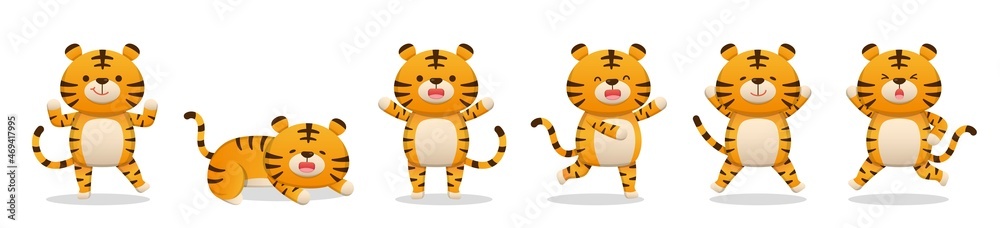 6 cute tiger characters with facial expressions, emotions, roles ...