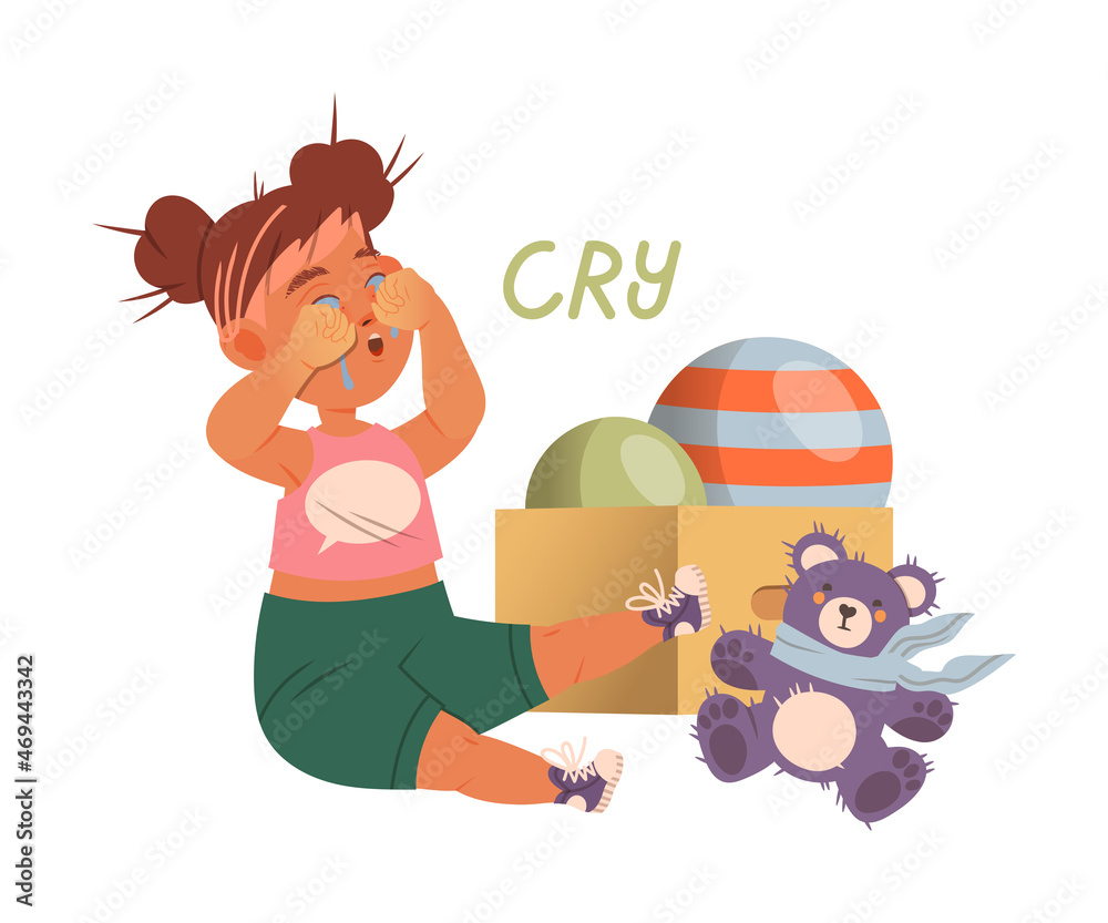 Cute little girl sitting on floor and crying. Verb expressing action ...