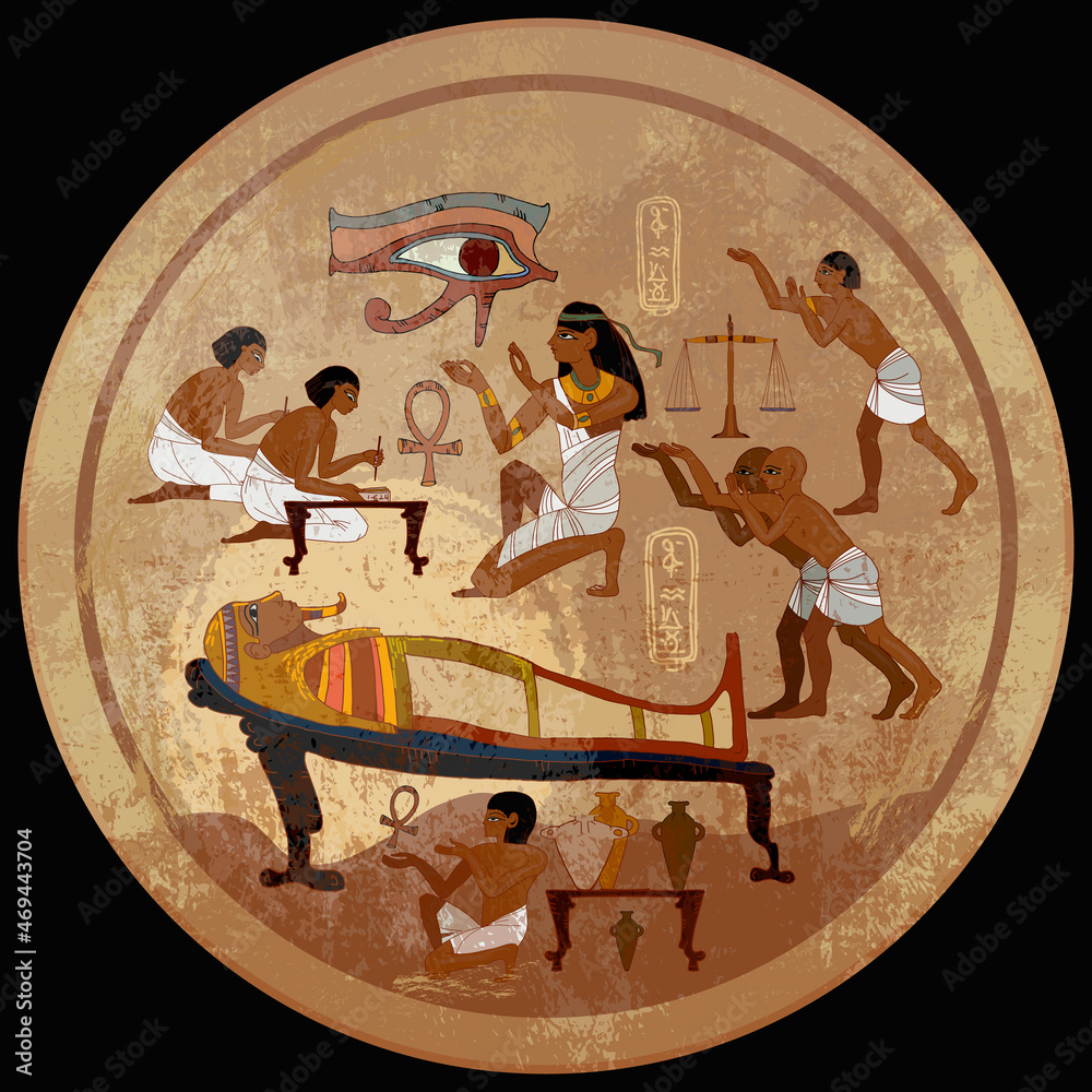 Mummification. Pharaoh sarcophagus. Ancient Egypt. History wall painting, tomb King Tutankhamun ...