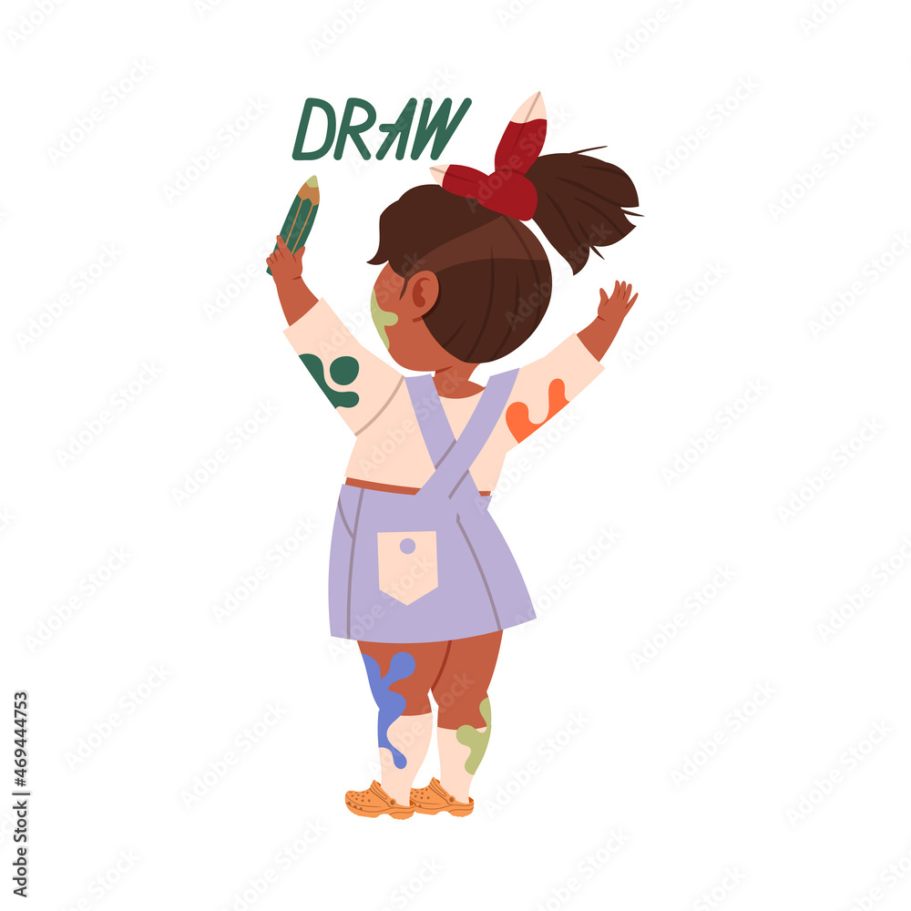 Cute little girl drawing picture with pencil. Draw verb expressing ...