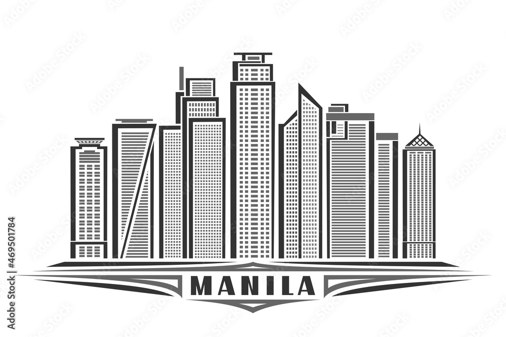 Vector illustration of Manila, monochrome horizontal poster with linear ...