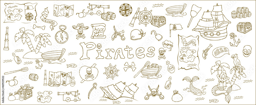 Vector doodle pirate set. A map with a hand-drawn sketch of a mermaid ...